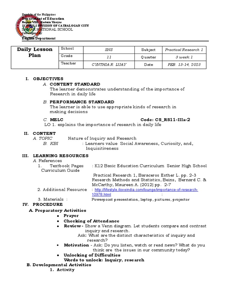 Practical Research-Lesson 1 | PDF | Curriculum | Learning