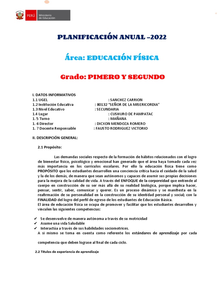 Programacion Anual Educacion Fisica 1°-2° | PDF | Evaluación | Aprendizaje