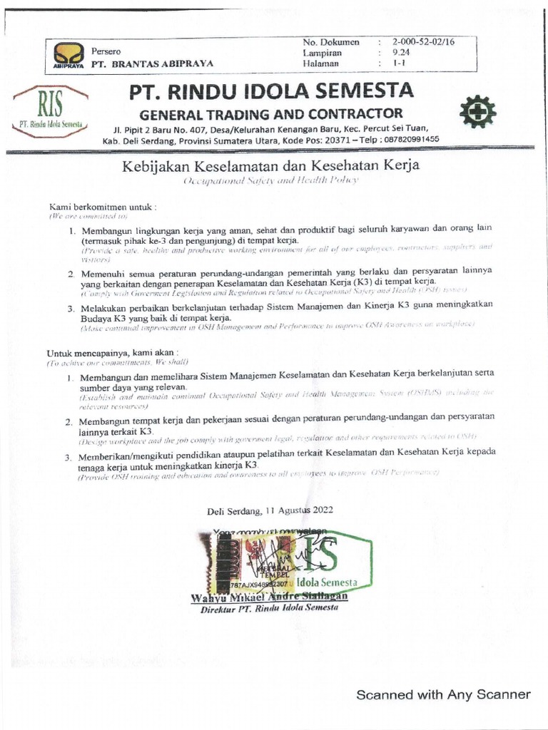 Kebijakan k3 Pt. Rindu Idola | PDF