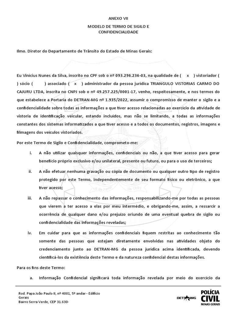 Anexo VII Modelo de Termo de Sigilo e Confidencialidade | PDF