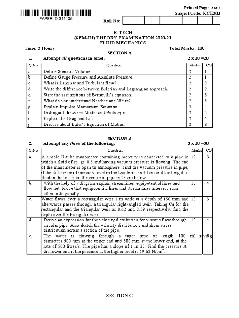 Btech Ce 3 Sem Fluid Mechanics Kce303 2021 | PDF | Pressure | Fluid ... Btech Ce 3 Sem Fluid Mechanics Kce303 2021 | PDF | Pressure | Fluid ...