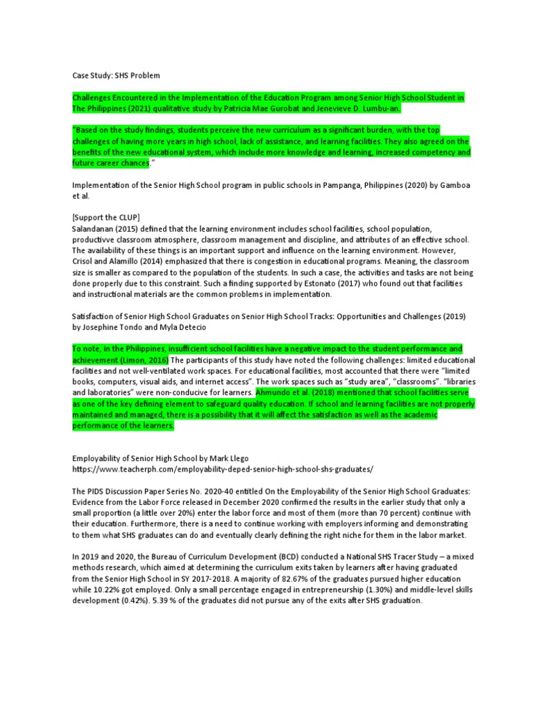 Case Study SHS Problem | PDF | Learning | Curriculum