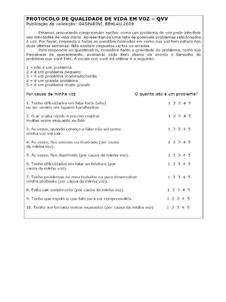 QVV - Protocolo de Qualidade de Vida em Voz | PDF