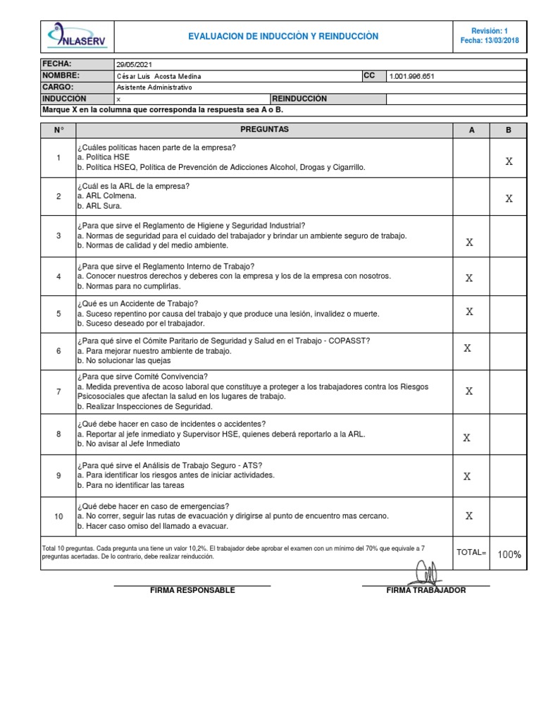 Evaluación de Induccion y Reinduccion | PDF