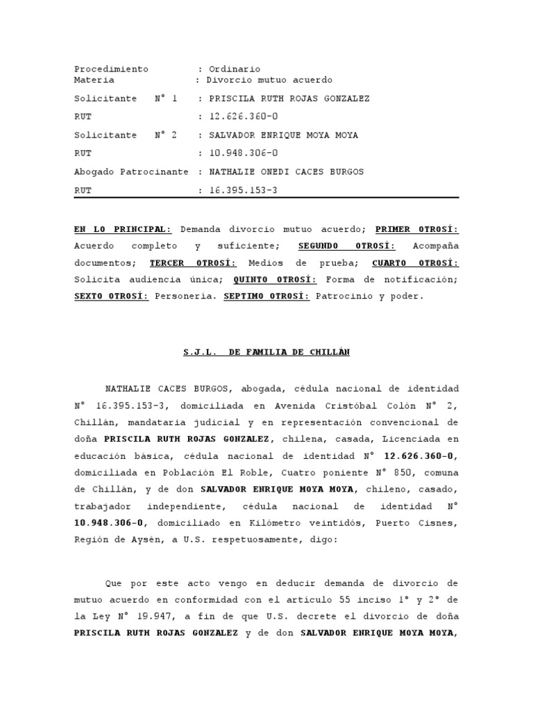 Demanda Divorcio Mutuo Acuerdo Priscila Pdf Divorcio Matrimonio