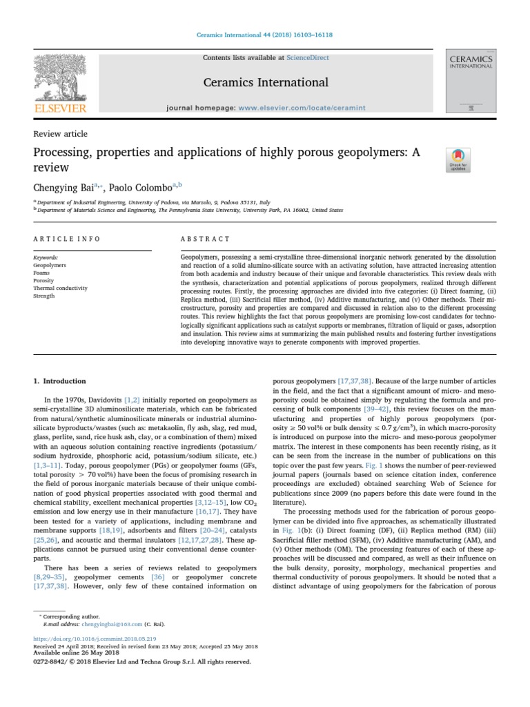 Processing, Properties and Applications of Highly Porous Geopolymers A Review | Download Free ...