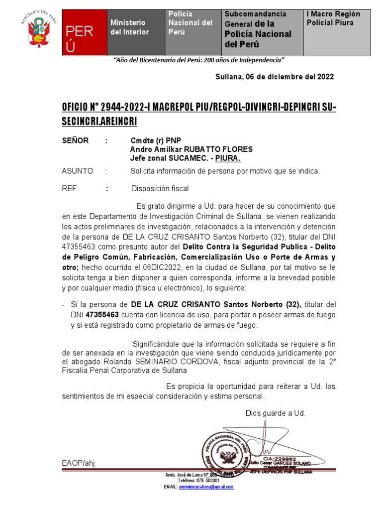 Oficio Sucamec Arma de Fuego Sucamec | PDF | Policía | Fiscal Oficio Sucamec Arma de Fuego Sucamec | PDF | Policía | Fiscal
