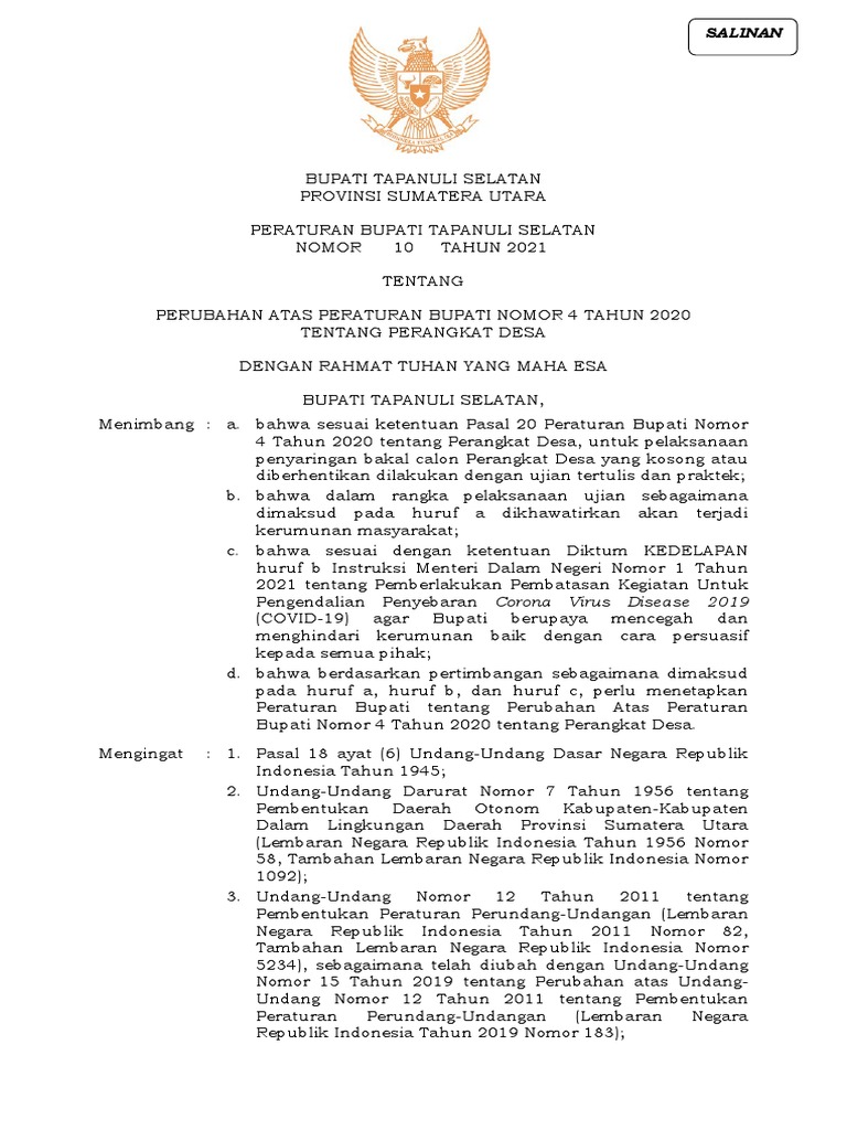 Perbup Perubahan Perangkat Desa 2021 | PDF