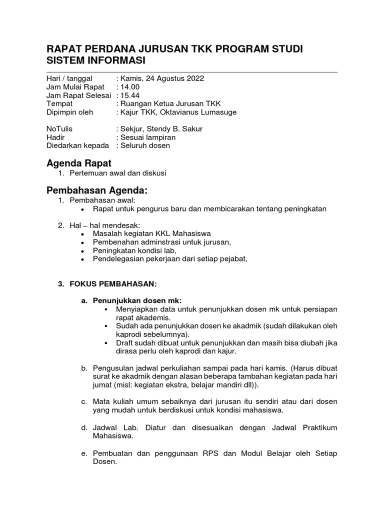 Rapat Perdana Jurusan TKK | PDF
