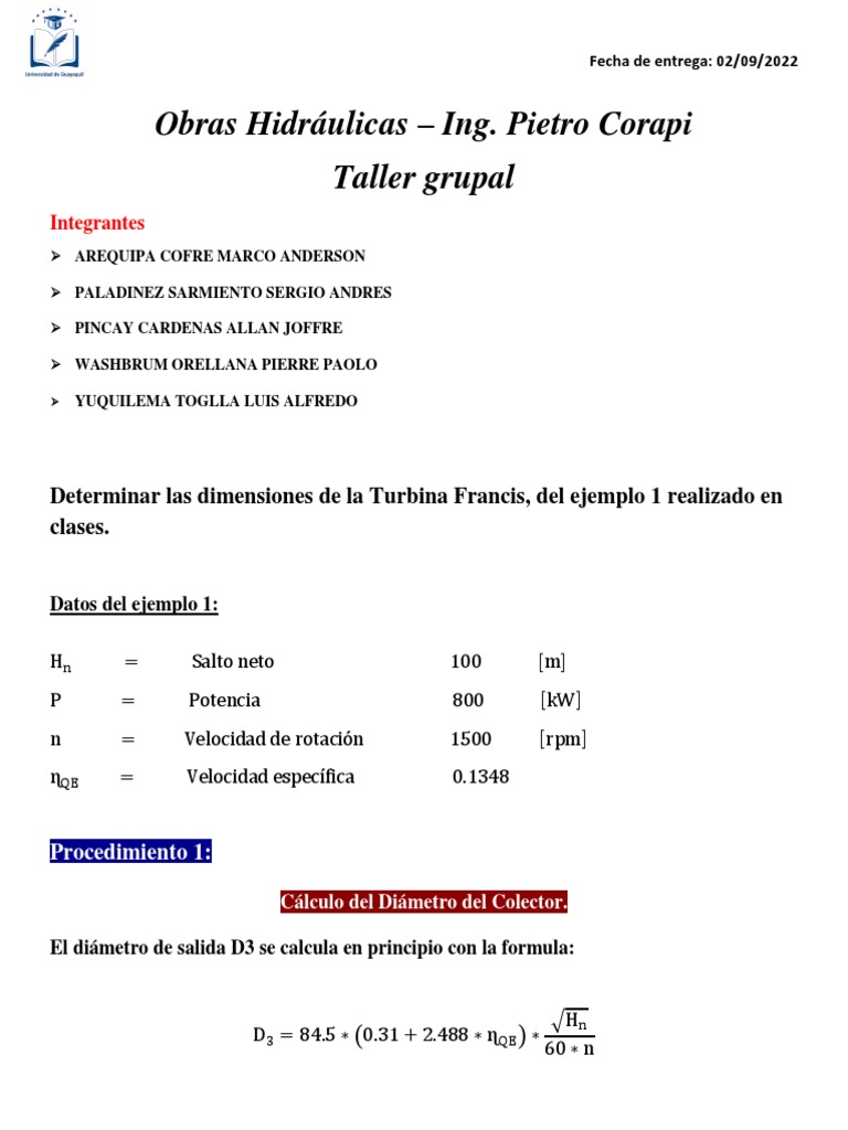 Taller Grupal Calculo de Dimensiones de Una Turbina Tipo Francis | PDF | Cantidades fisicas ...
