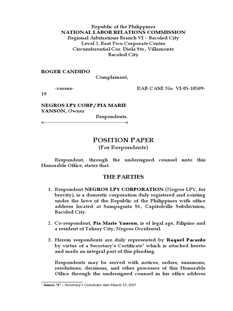 POSITION PAPER - CANDIDO V LPY | PDF | Employment | Labour Law