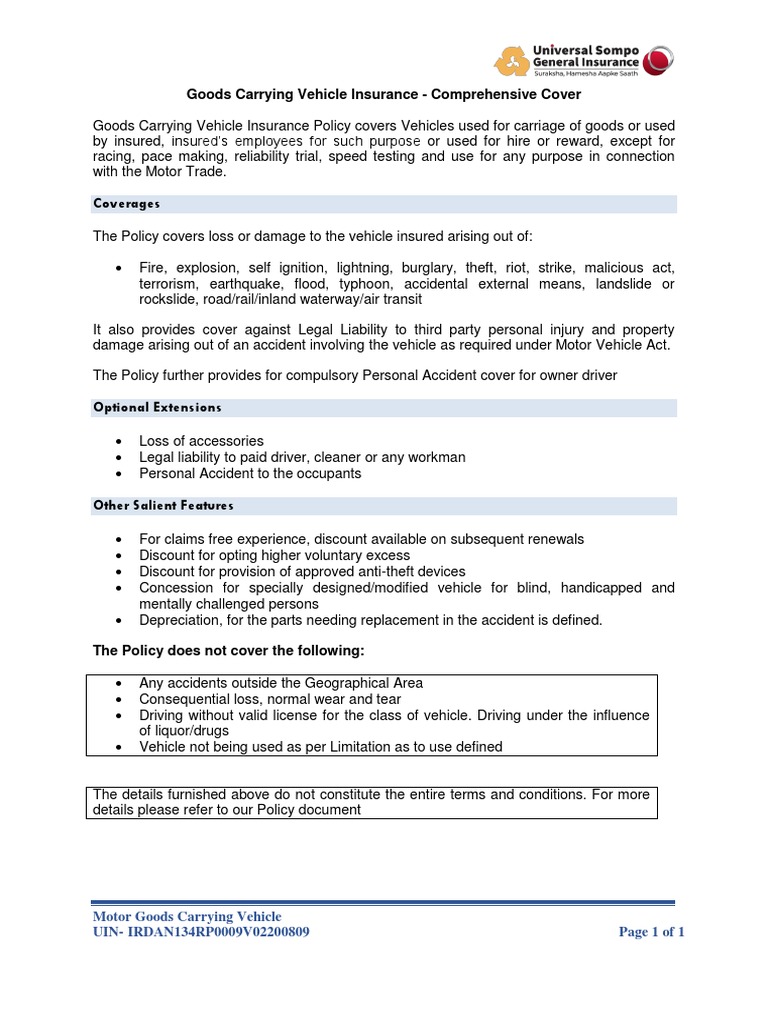 Comprehensive Goods Vehicle Insurance | PDF