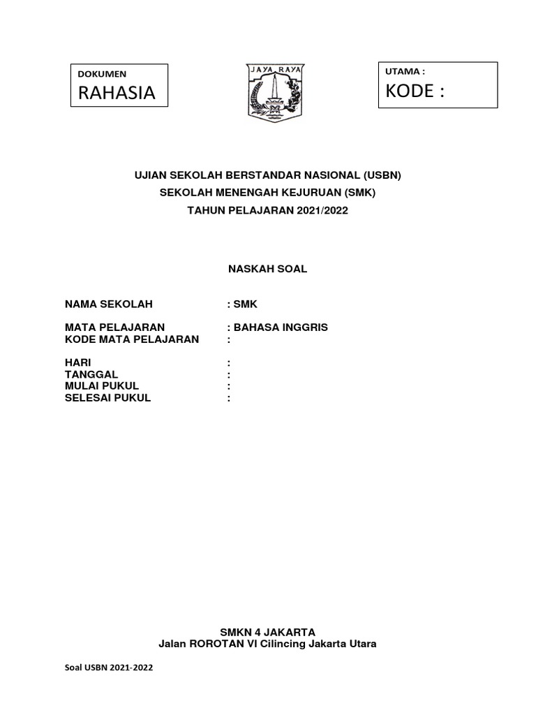 Soal Utama Usbn Bahasa Inggris 2021-2022 | PDF