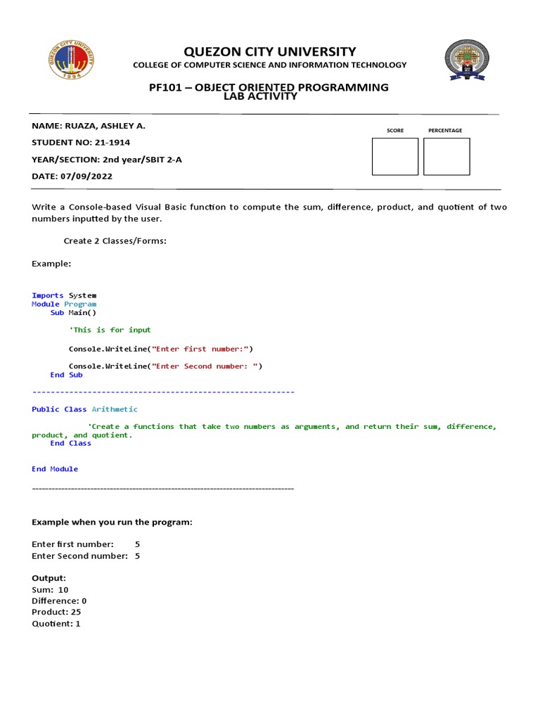 Arithmetic Operations Using Object Oriented Programming In Visual Basic A Console Application