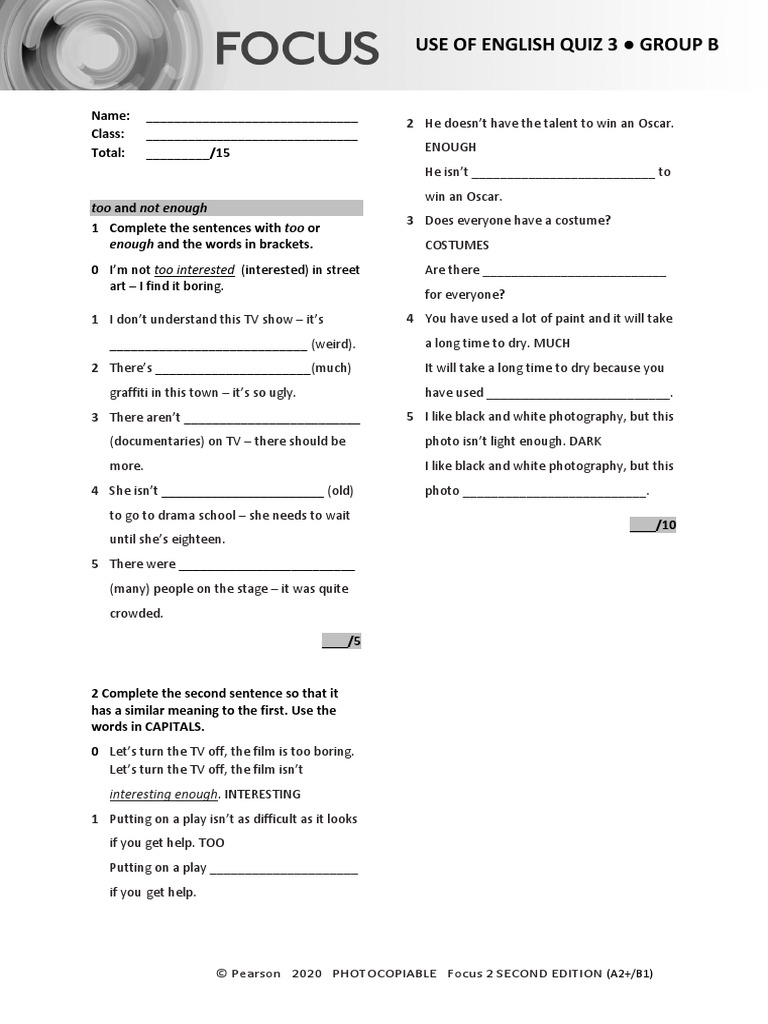 Focus2 2E UoE Quiz Unit3 GroupB | PDF