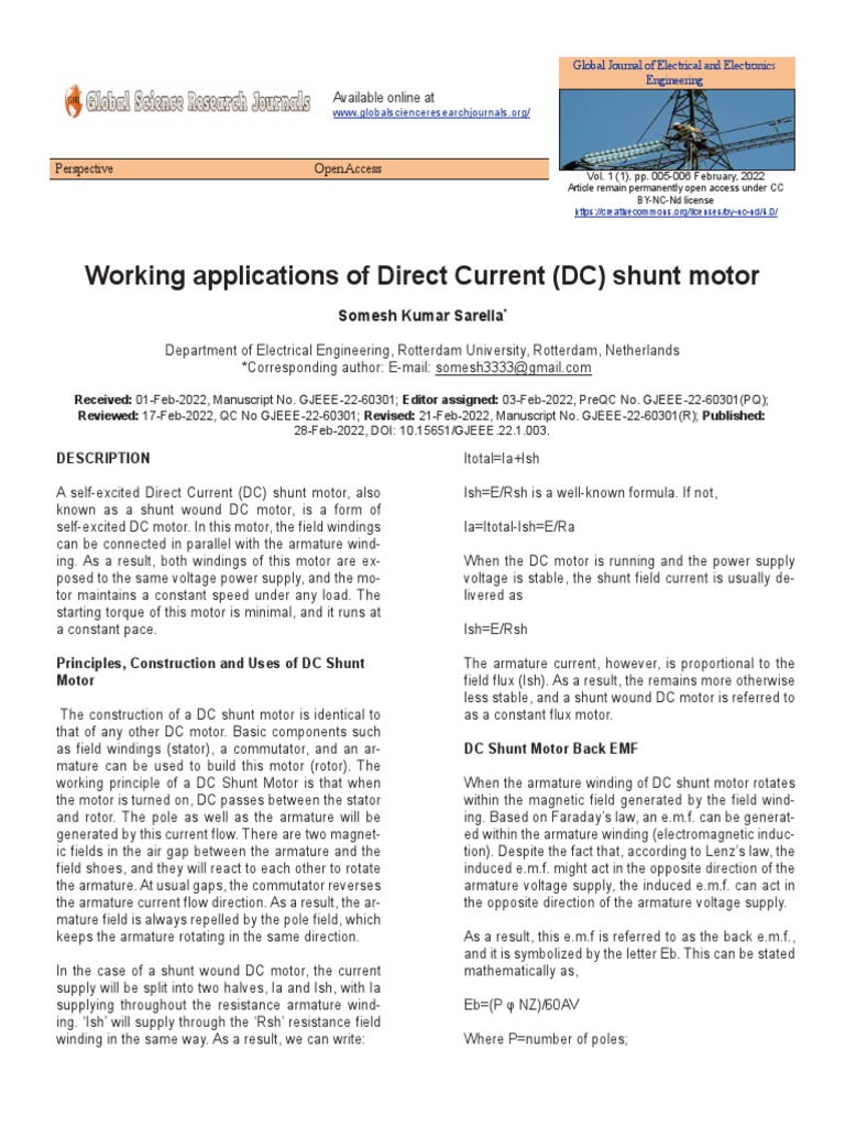 Working Applications of Direct Current DC Shunt Motor | PDF | Electric ...