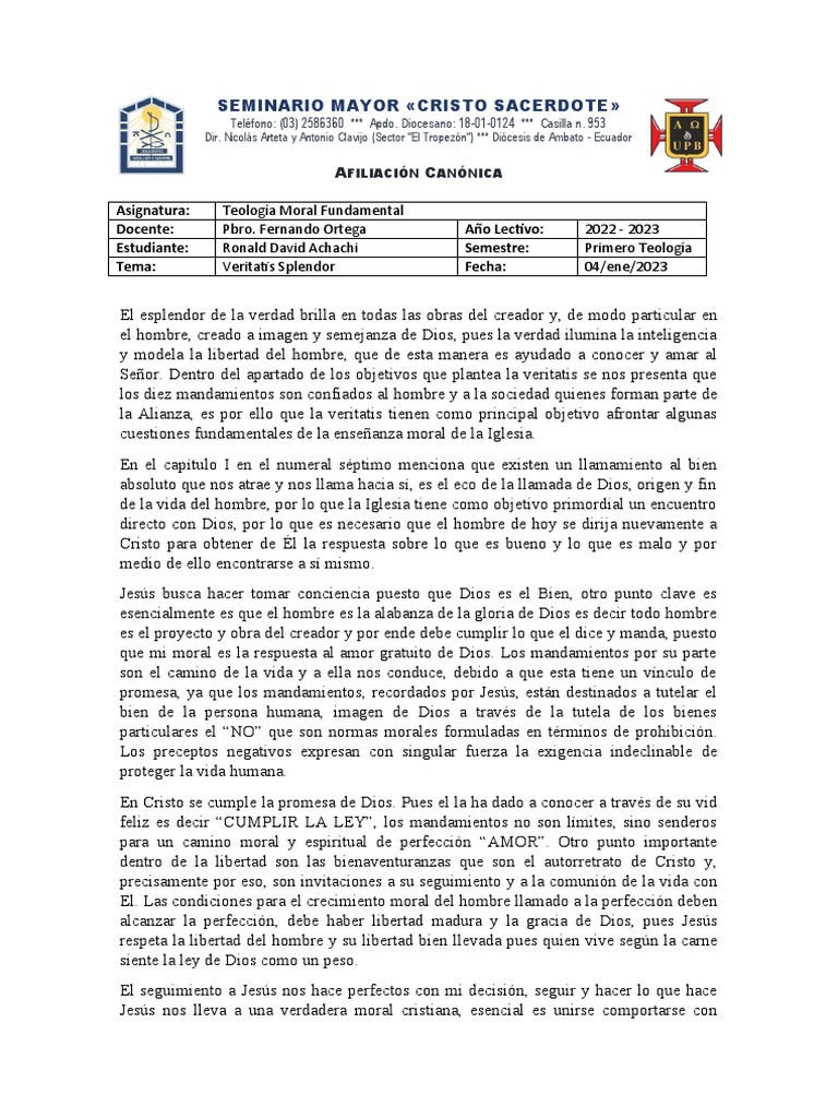 Resumen Veritatis Splendor | PDF | Moralidad | Jesús