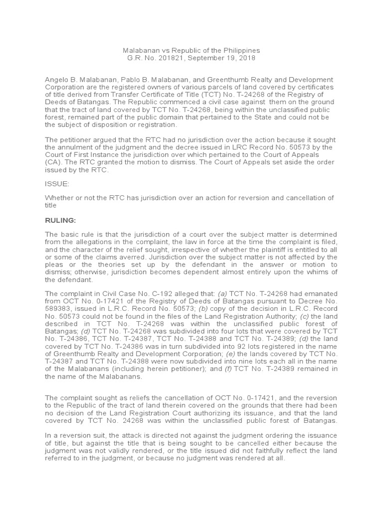 Digest - Malabanan Vs Republic | PDF | Complaint | Lawsuit