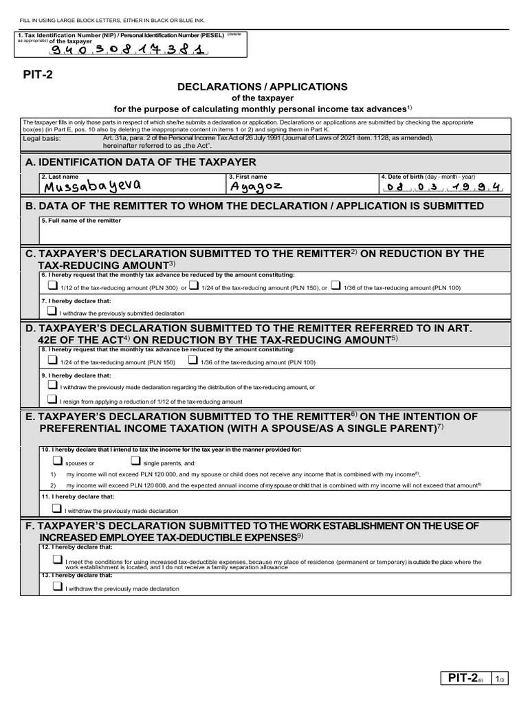 PIT-2 Tax Declaration Form Instructions | PDF | Tax Deduction | Taxpayer