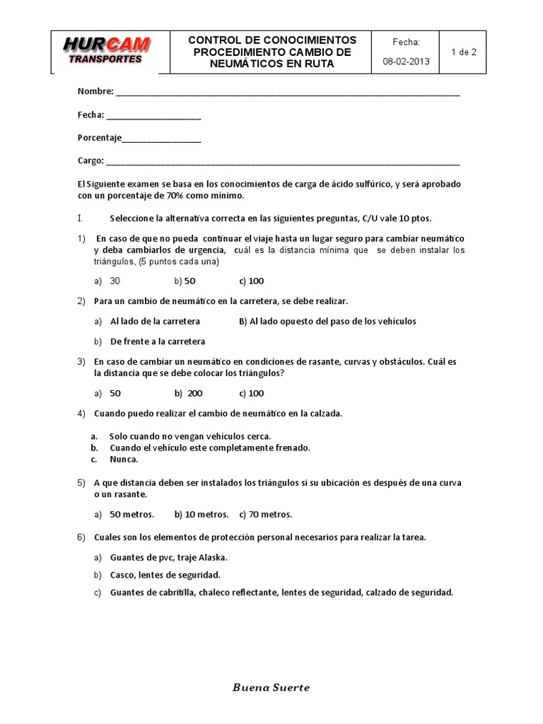 Examen de Procedimiento para Cambio de Neumáticos | PDF | Neumático ...