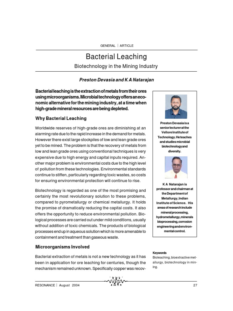 Bacterial Leaching: Biotechnology in The Mining Industry | PDF