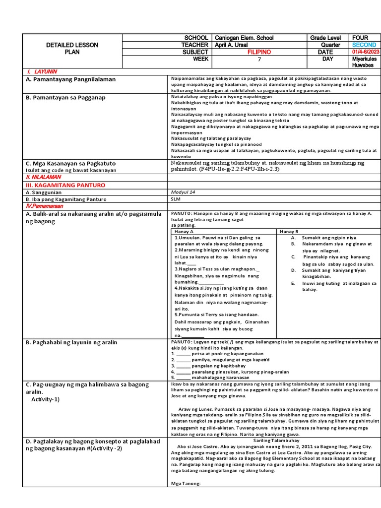 DLP FILIPINO Q2 W7 Jan 4 6 AU | PDF