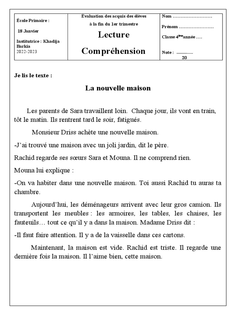 Compréhension de lecture 4ème année | PDF