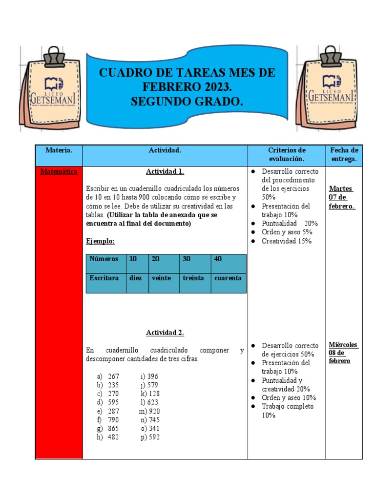 Cuadro de Tareas Mes de Febrero Segundo Grado 2023 | PDF | Agricultura