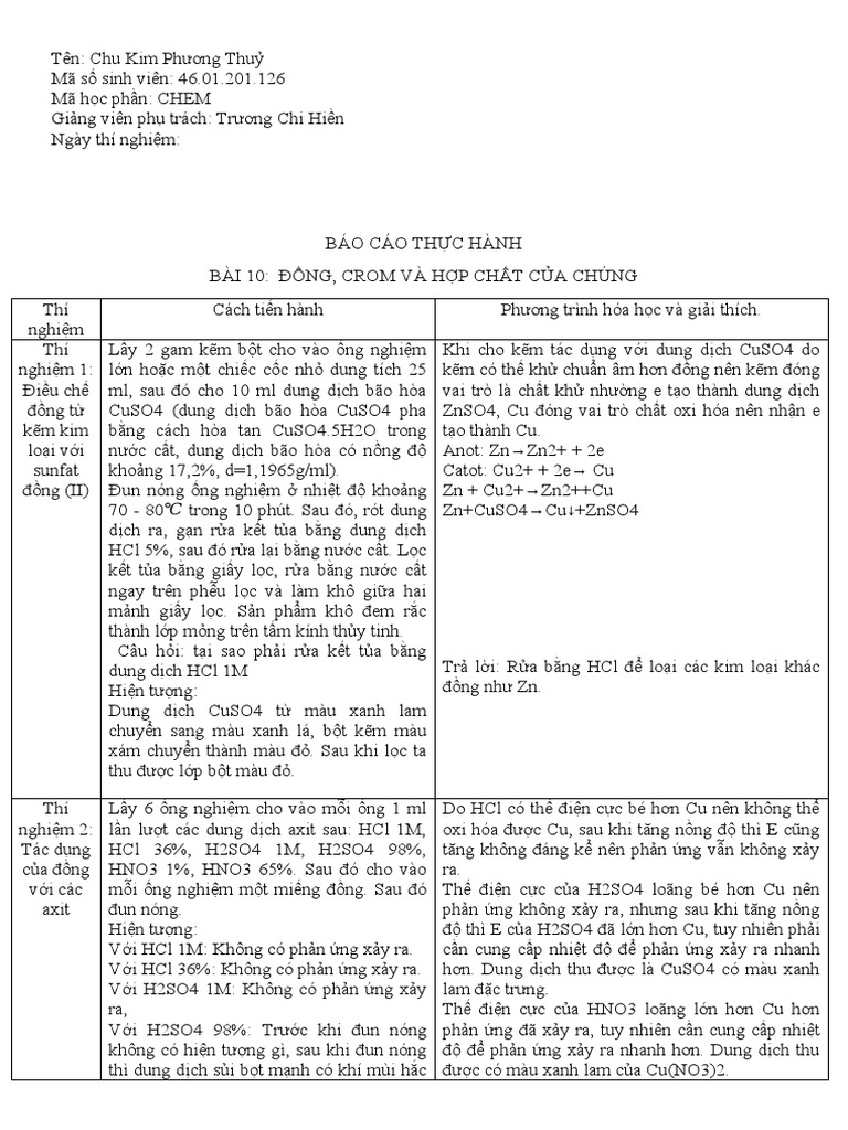 thực hành vô cơ bài 10 ĐỒNG, CROM VÀ HỢP CHẤT CỦA CHÚNG | PDF