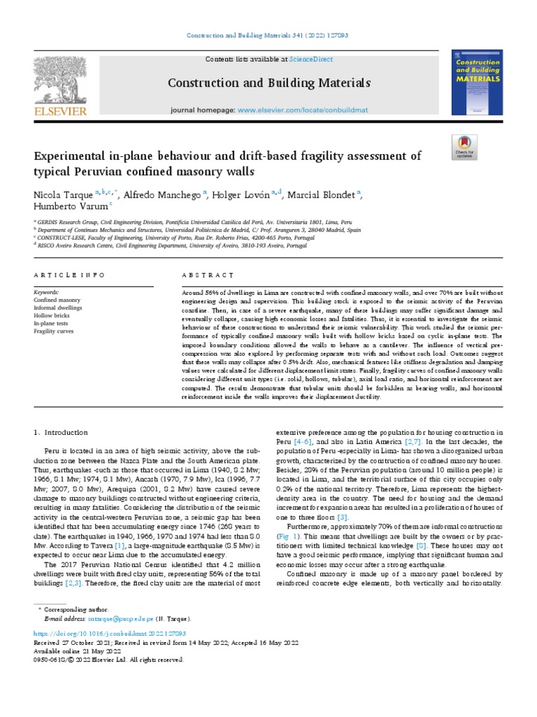 Tarque - Experimental In-Plane Behaviour and Drift-Based Fragility ... Tarque - Experimental In-Plane Behaviour and Drift-Based Fragility ...