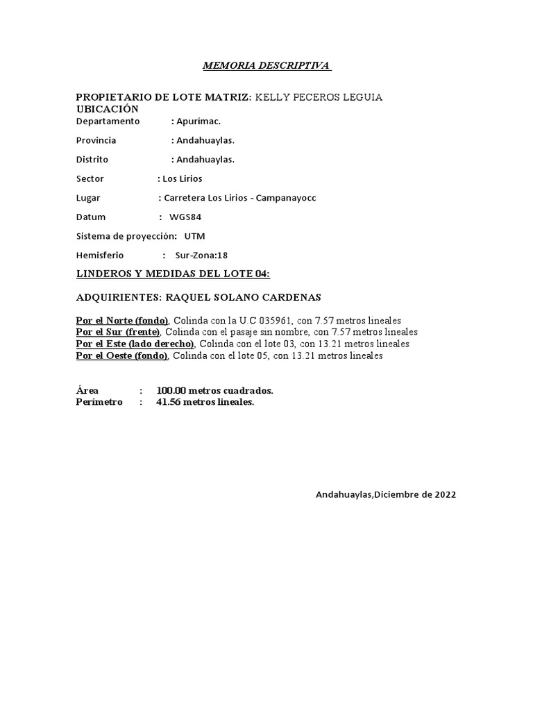 Lote en Andahuaylas: Detalles y Linderos | PDF