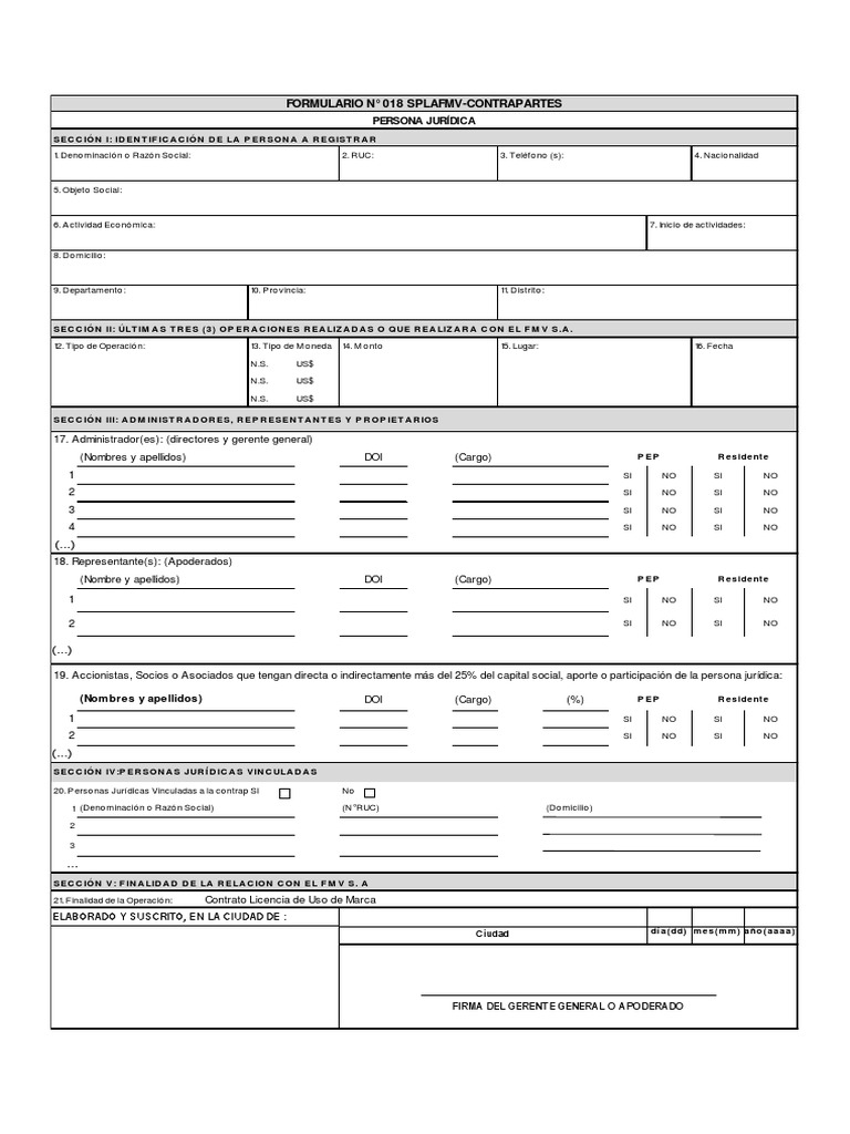 Formulario #018 Splafmv-Contrapartes: Persona Jurídica | PDF ...