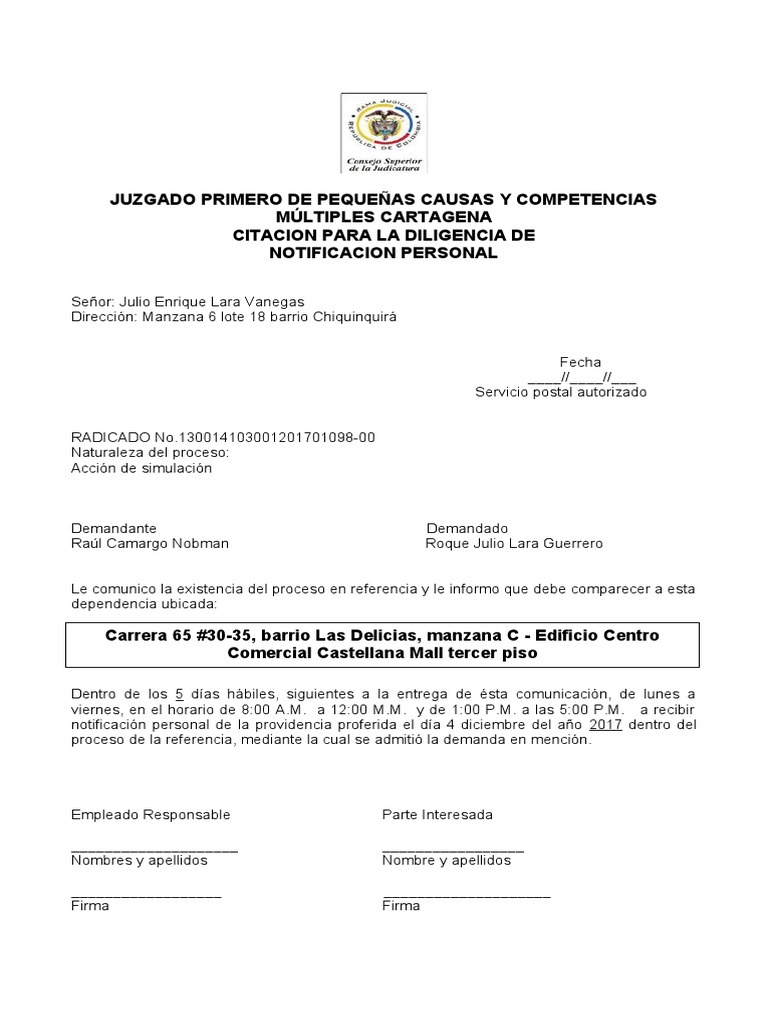 Citacion para Notificacion Personal Auto Admisorio de Demanda | PDF Citacion para Notificacion Personal Auto Admisorio de Demanda | PDF