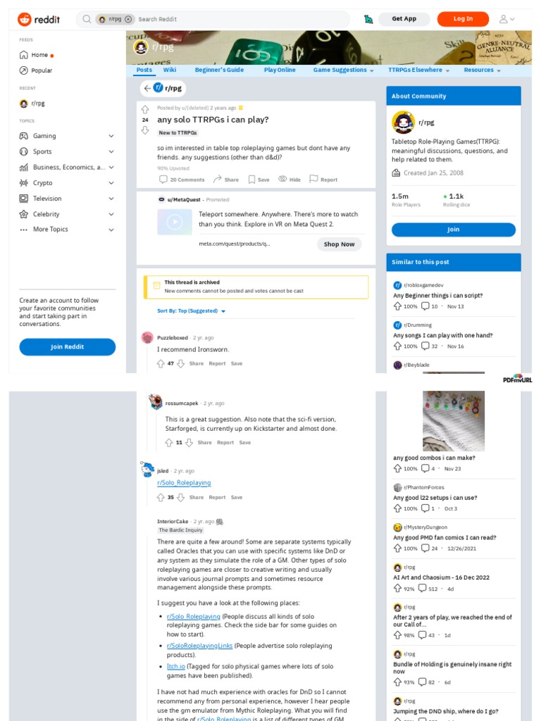 WWW Reddit Com R RPG Comments Nisxww Any Solo Ttrpgs I Can Play | PDF | Role Playing Games ...
