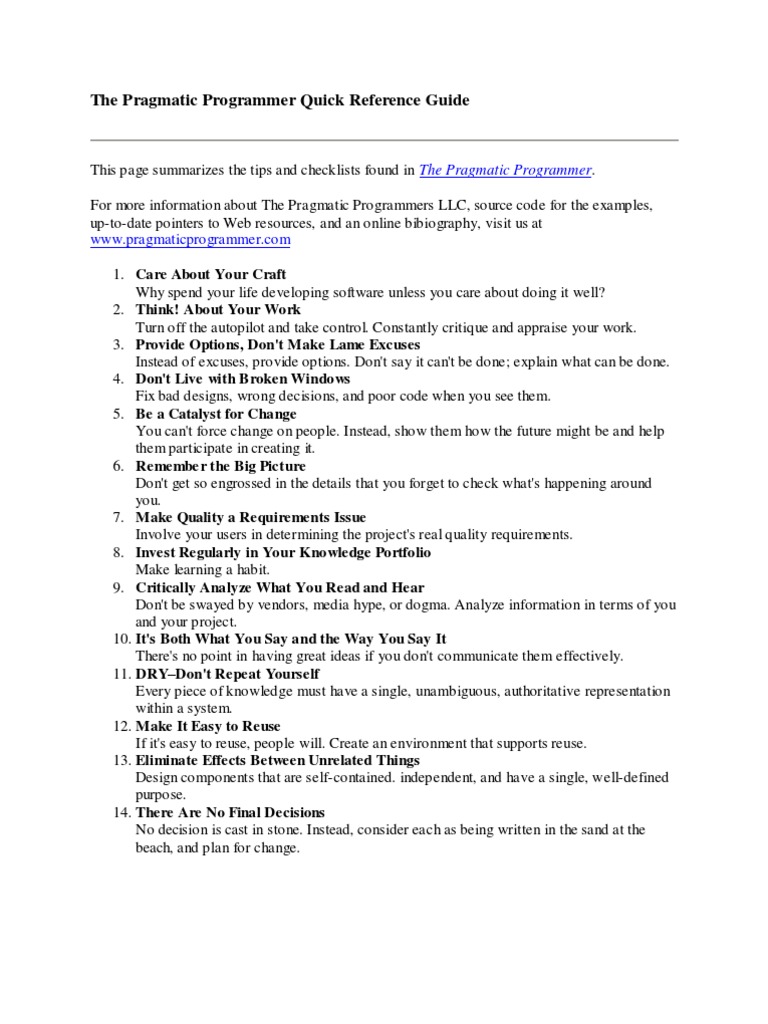 The Pragmatic Programmer Quick Reference Guide | PDF | Source Code ...