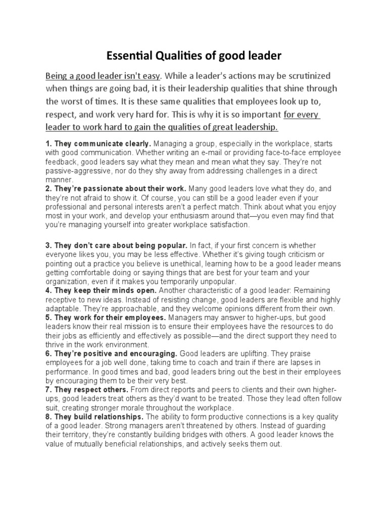 Essential Qualities of Good Leader | PDF | Leadership | Learning