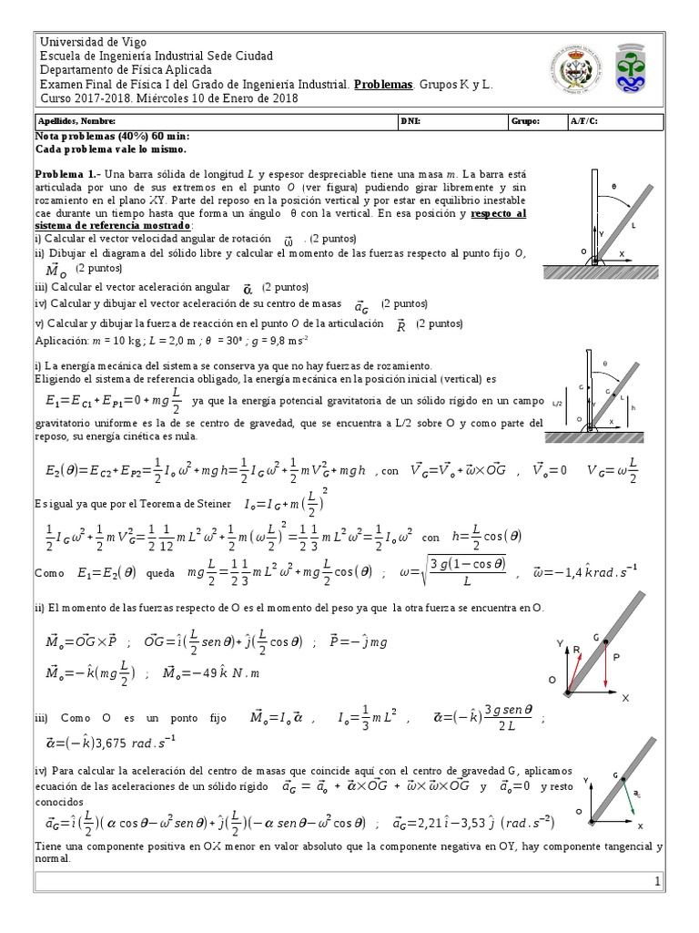 Examen Final de F Sica I. Curso 2017-2018. Problemas. Solucion | PDF | Vector Euclidiano ...