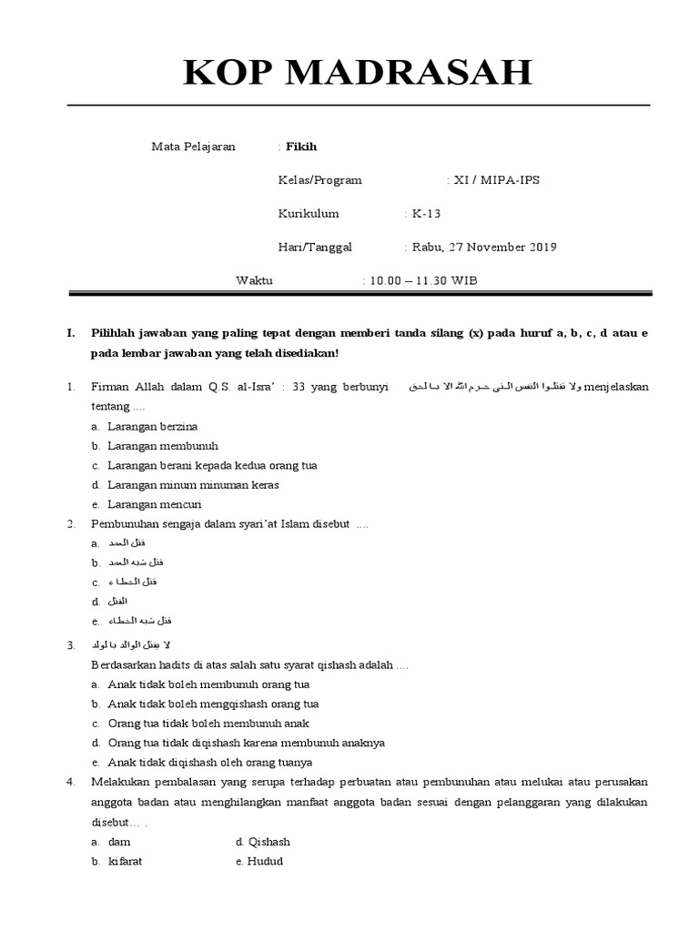 Soal Akidah Akhlak KLS 10 Ma Darussakinah Sape | PDF