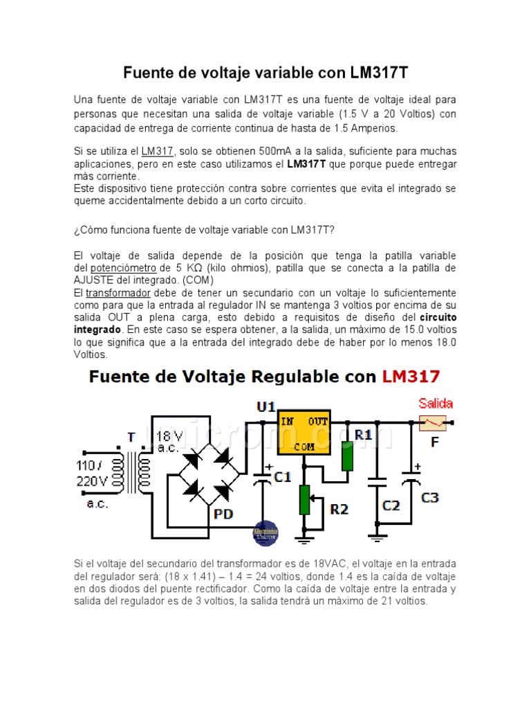 Fuente de Voltaje Variable Con LM317T | PDF | voltaje | Componentes ...