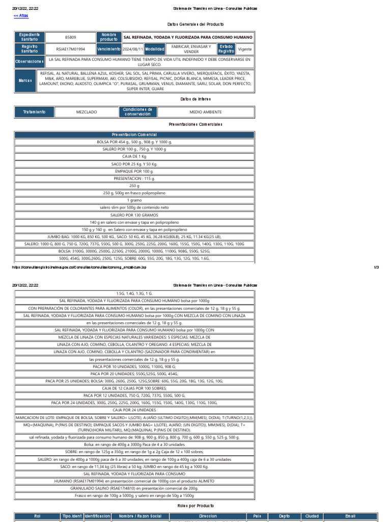 Detalles sobre la sal refinada, yodada y fluorizada para consumo humano registrada en Colombia ...