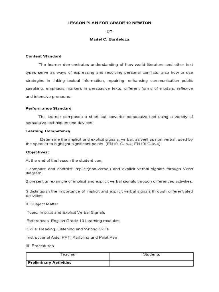 Lesson Plan For Grade 10 Einstein | PDF | Communication | Nonverbal ...