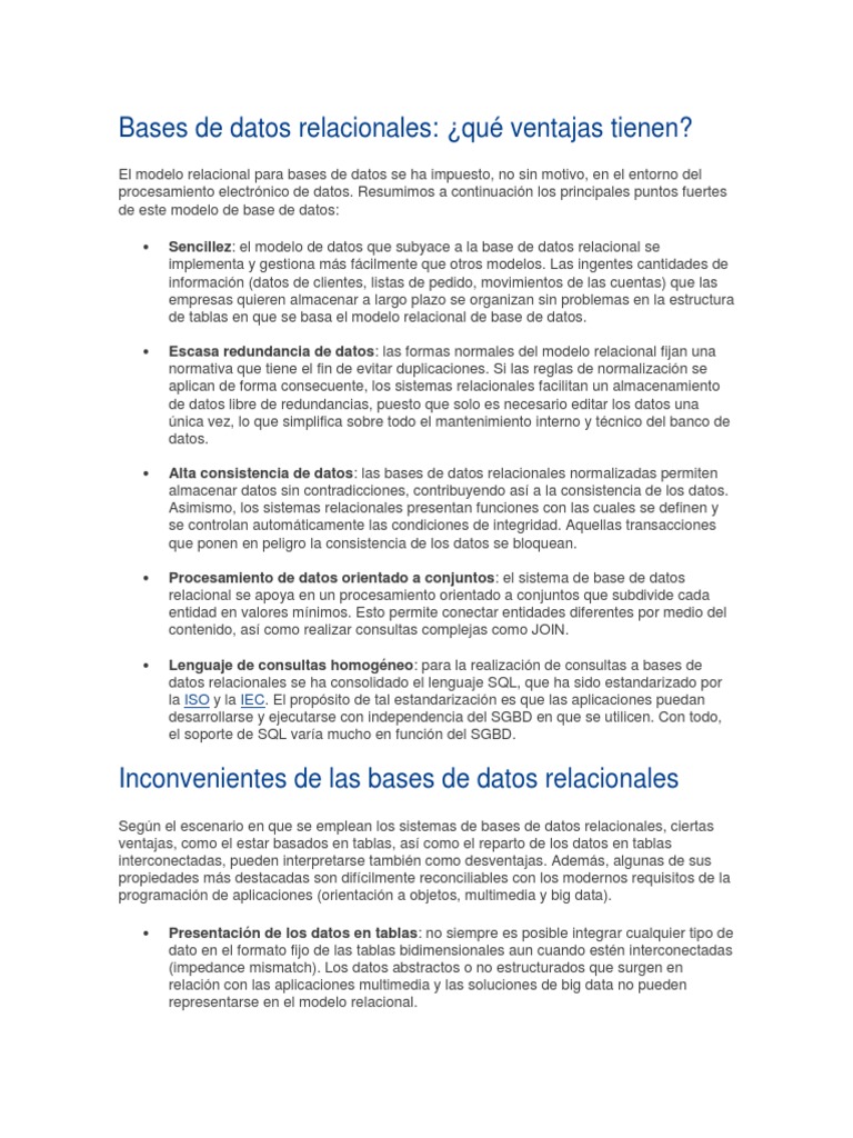 Bases de Datos Relacionales Ventajas y Desventajas | PDF | Bases de datos | Base de datos relacional