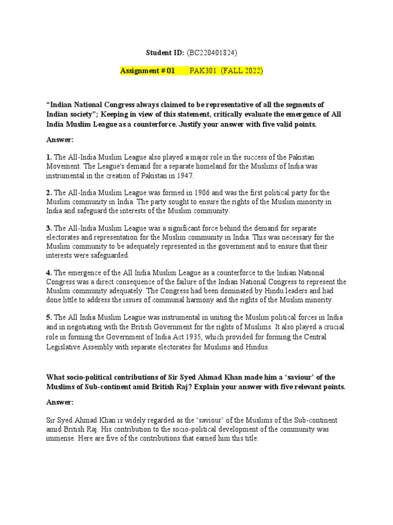 The Socio-Political Contributions of Sir Syed Ahmad Khan and the Emergence of the All India ...