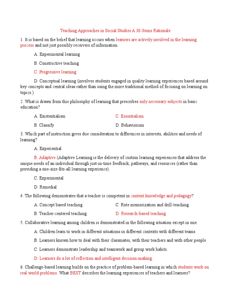 Teaching Approaches in Social Studies A 30-Items Rationale | PDF | Learning | Project Based Learning