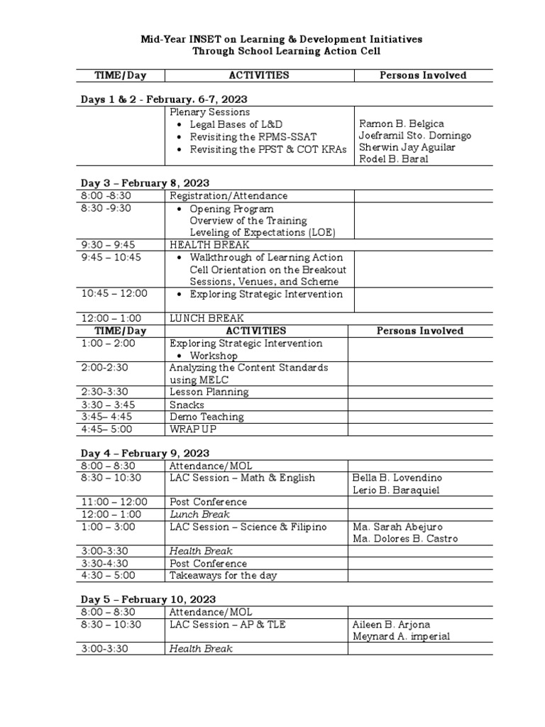 Mid-Year INSET 2023 Schedule | PDF