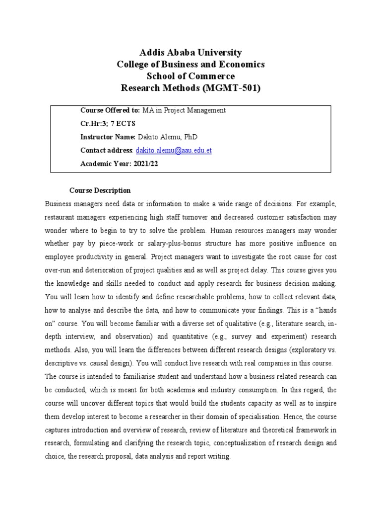Course Outline For Research Methods (MGMT-501) PM | PDF | Methodology ...