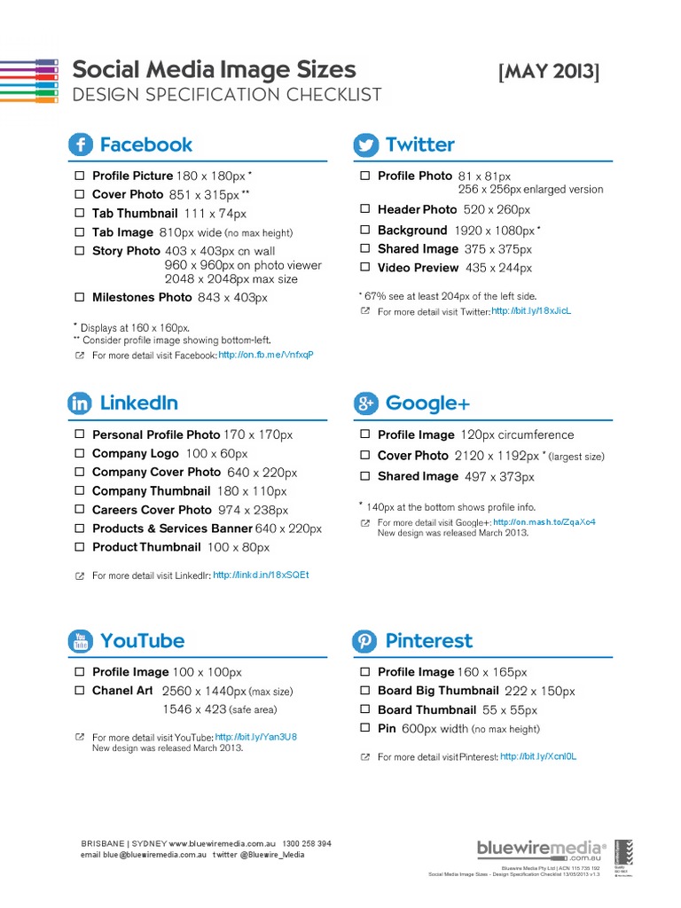 Social Media Image Sizes Design Specification Checklist v1.3 | PDF