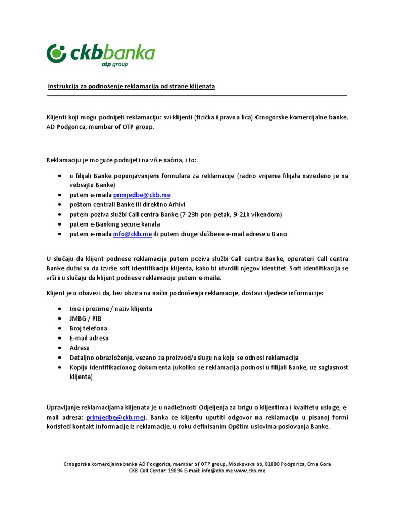 Instrukcija Za Podnosenje Reklamacija | PDF
