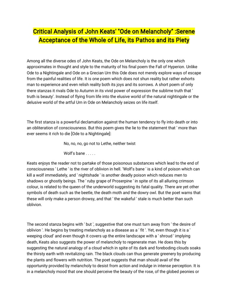 Critical Analysis of Keats' Ode on Melancholy | PDF | Poetry