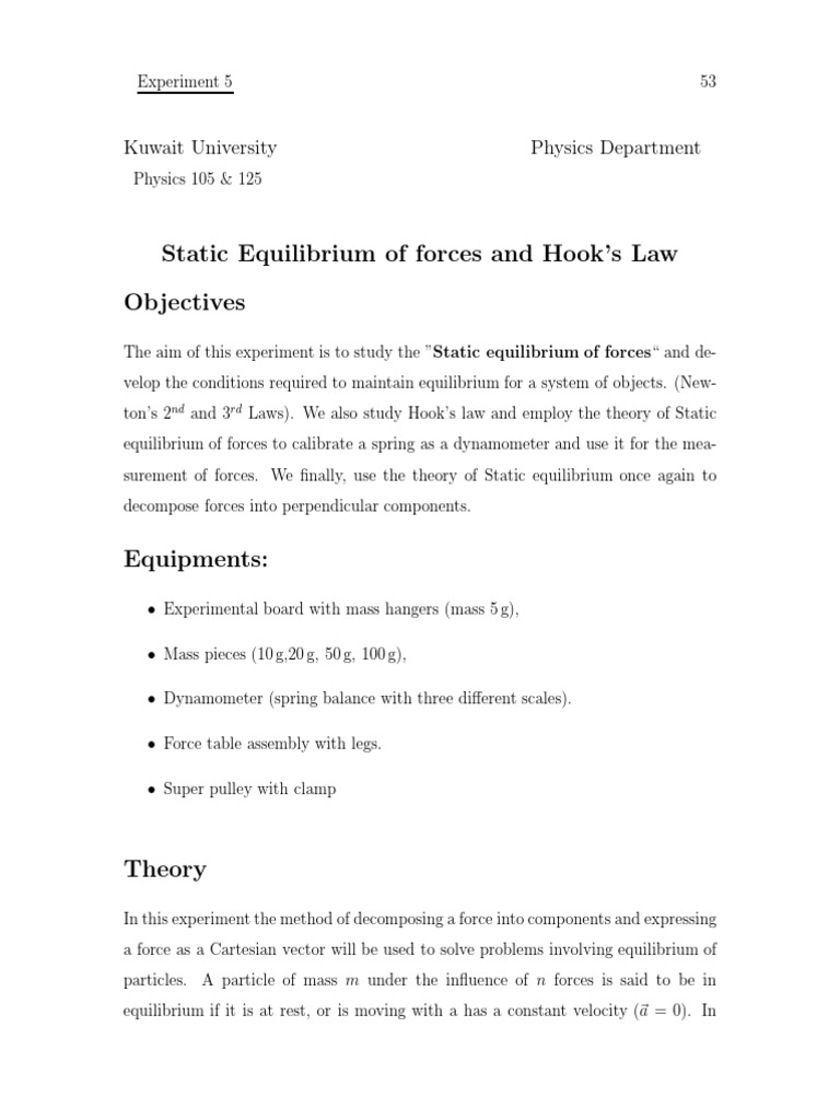 Static Equilibrium of Forces and Hook's Law Objectives: Kuwait ...